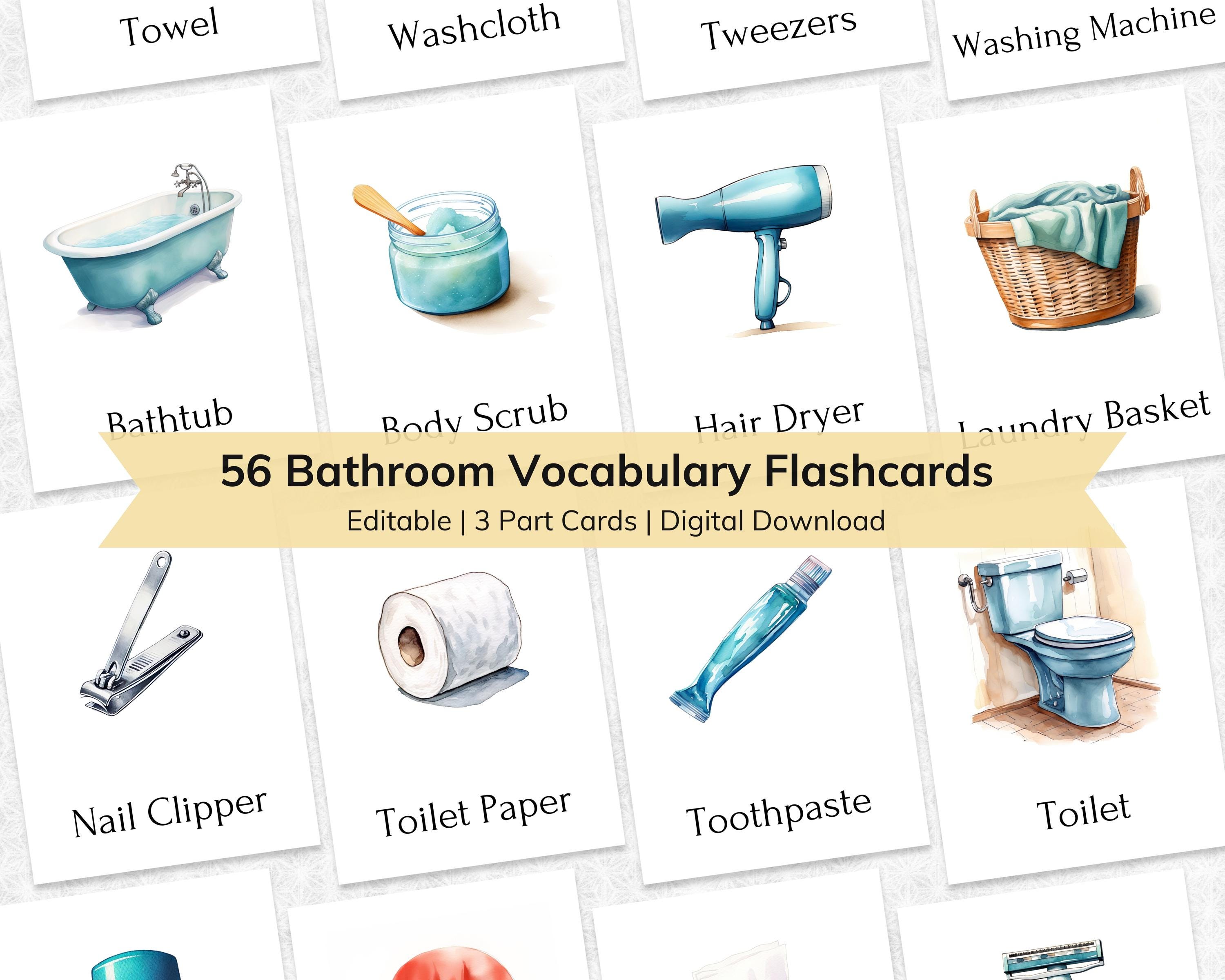 Editable Bathroom Items Vocabulary Montessori 3 Part Flashcards for ...