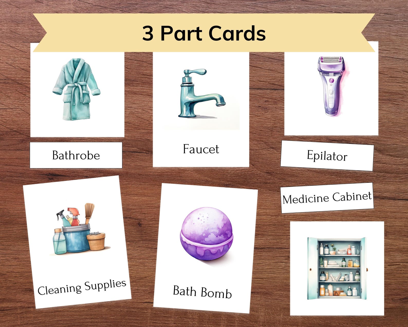 Editable Bathroom Items Vocabulary Montessori 3 Part Flashcards for ...