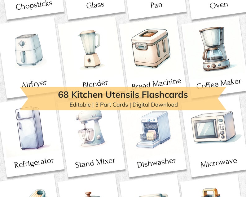 Editable Kitchen Appliances Utensils Flashcards for Kids 3 Part Nomenclature Toddler Flash Cards ...