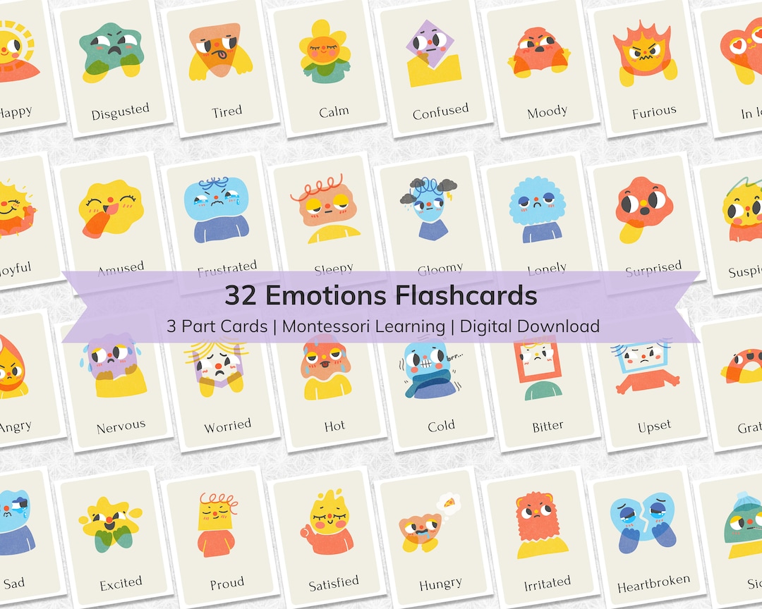 32 Emotions Flashcards for Kids Printable Montessori Materials Feelings ...