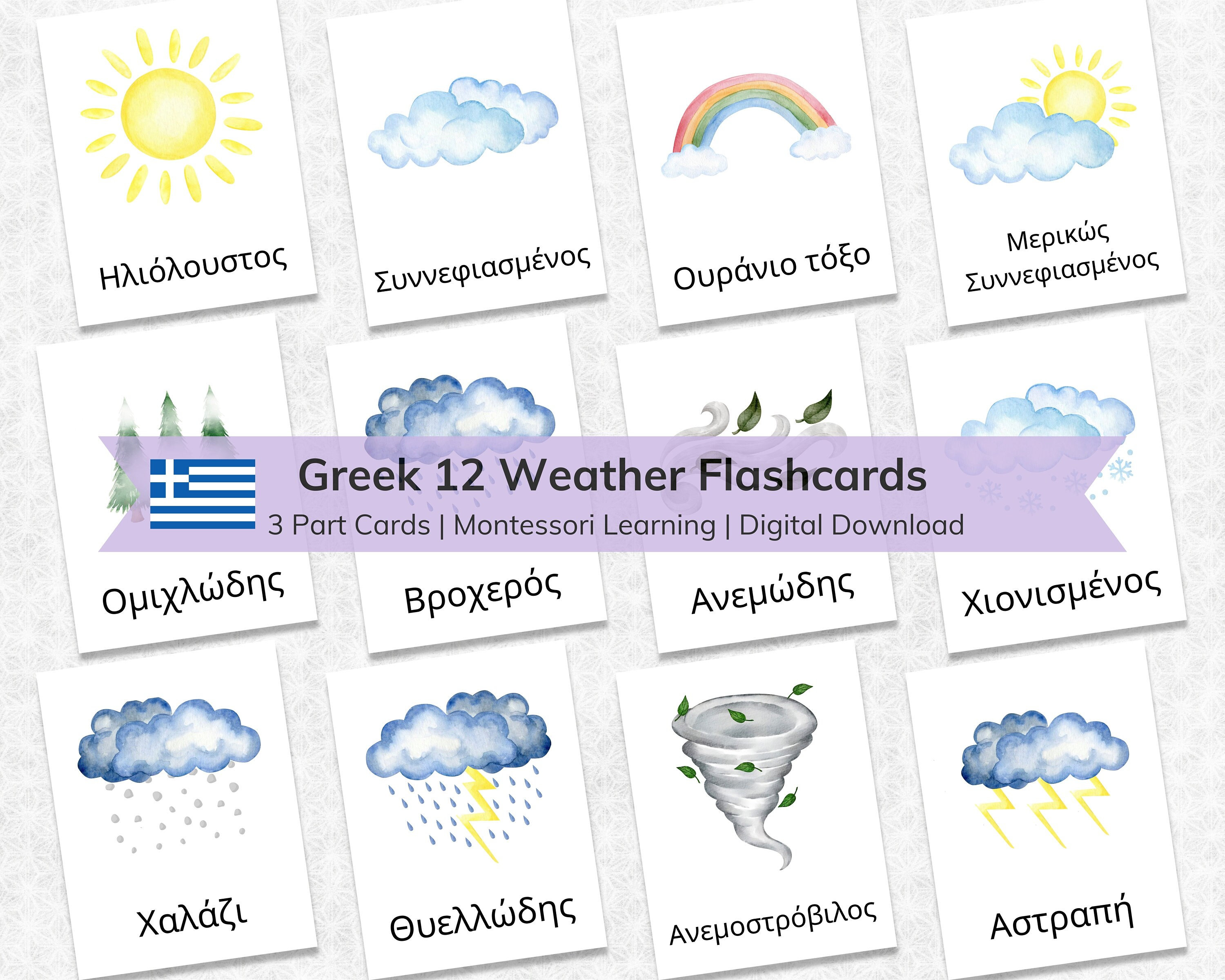 Greek Weather Flashcards for Kids, Printable 3 Part Nomenclature ...