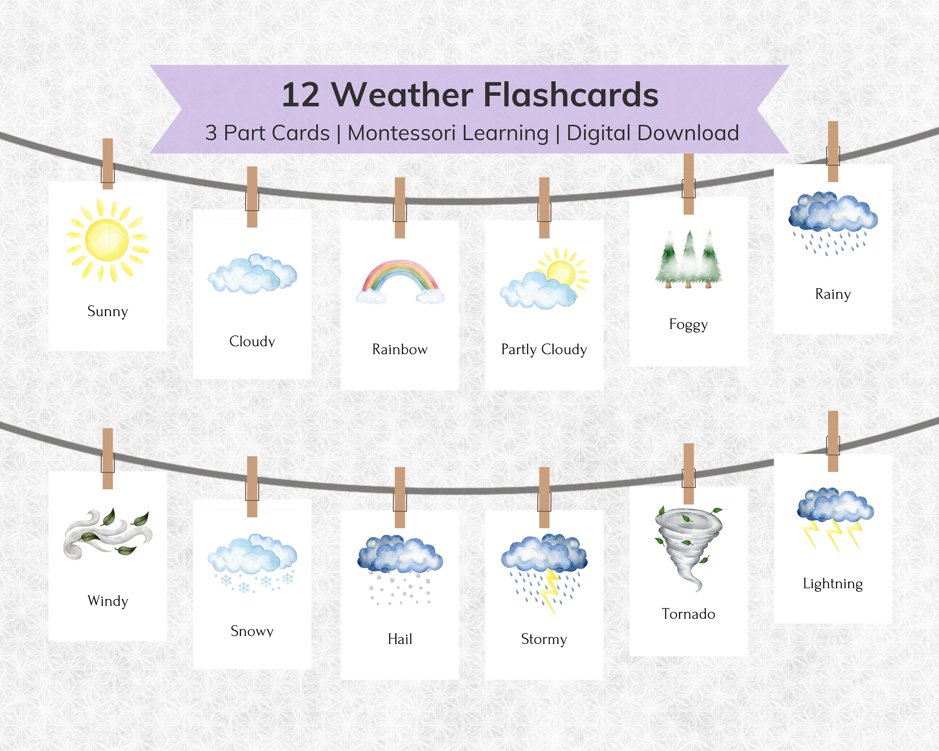 12 Weather Flashcards for Kids, Printable Weather Montessori Flashcards ...