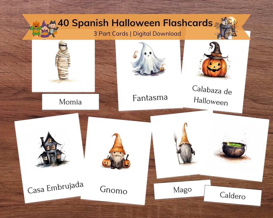 Spanish Halloween Flashcards for Kids, Printable 3 Part Nomenclature ...