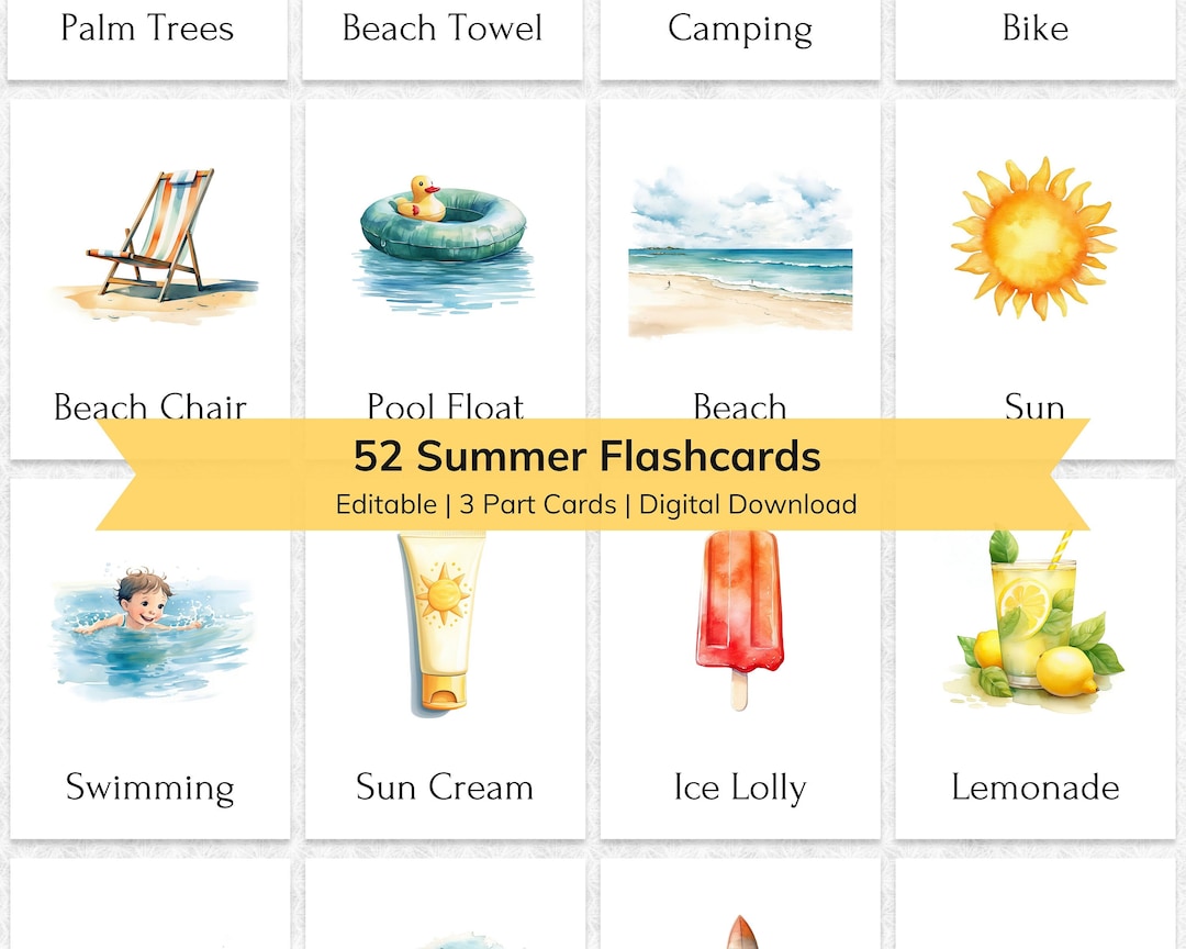 Editable Summer Flashcards for Kids, Printable Montessori 3 Part ...