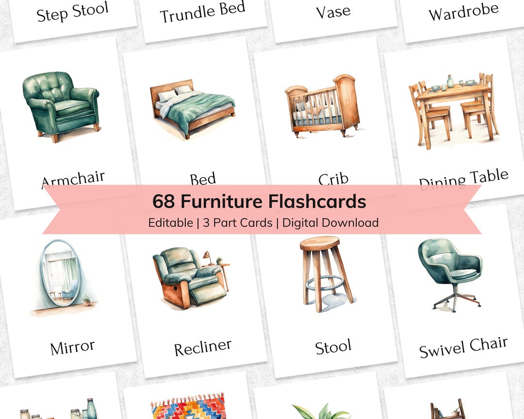 Editable Montessori Furniture Flashcards for Kids, Printable 3 Part ...