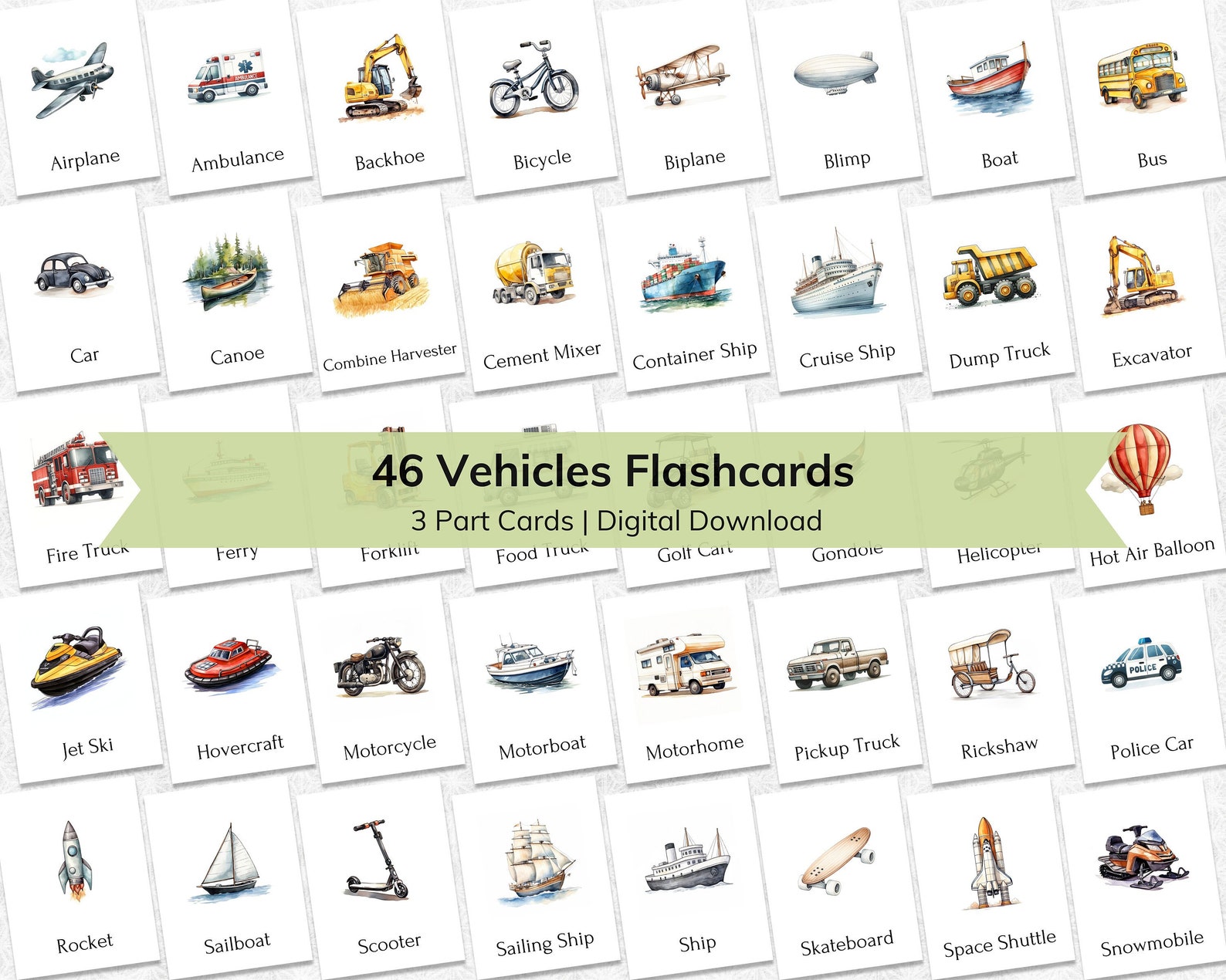 46 Vehicles Montessori Flashcards Nomenclature Cards Printable ...