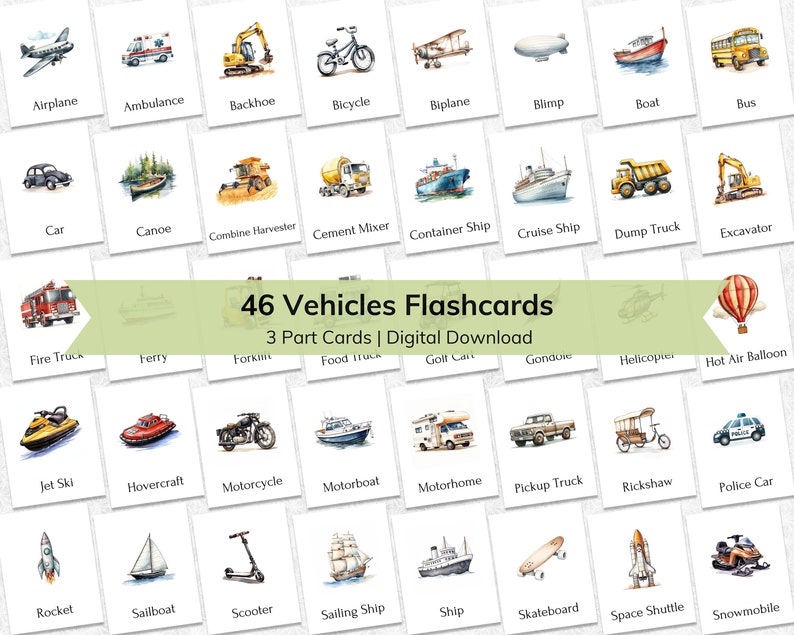 46 Vehicles Montessori Flashcards Nomenclature Cards Printable ...