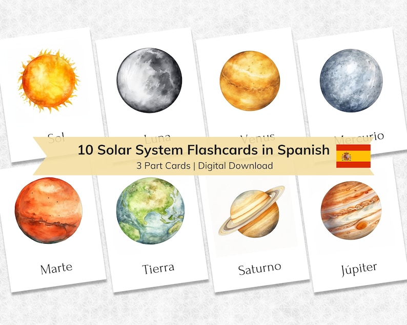 Spanish Solar System Flashcards for Kids Printable Montessori Materials ...