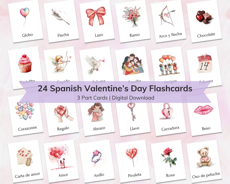 24 Spanish Valentine's Day Flashcards for Kids Printable | Toddler ...