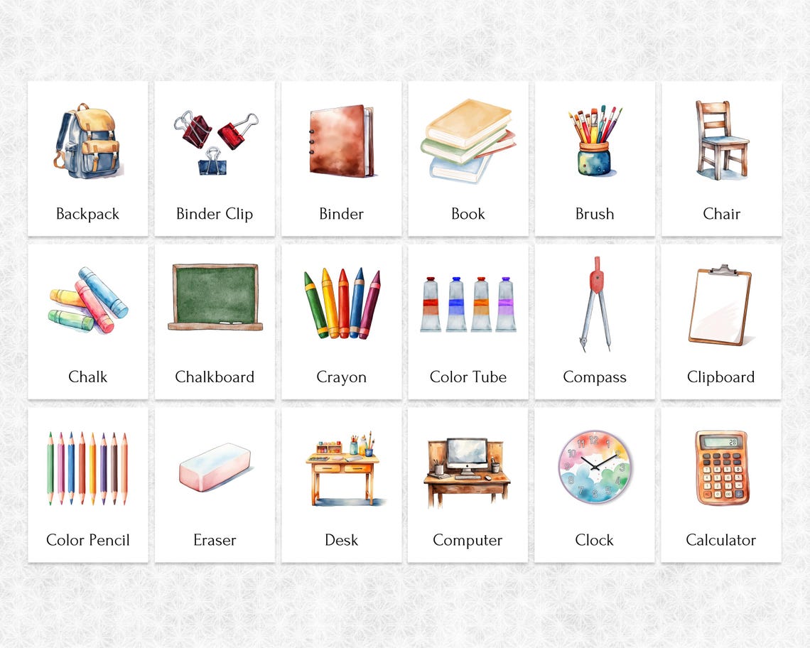 Editable School Supplies Flashcards for Kids, Printable 3 Part ...