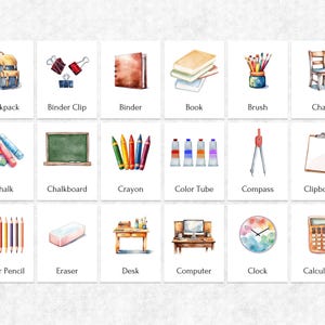 Editable School Supplies Flashcards for Kids, Printable 3 Part ...