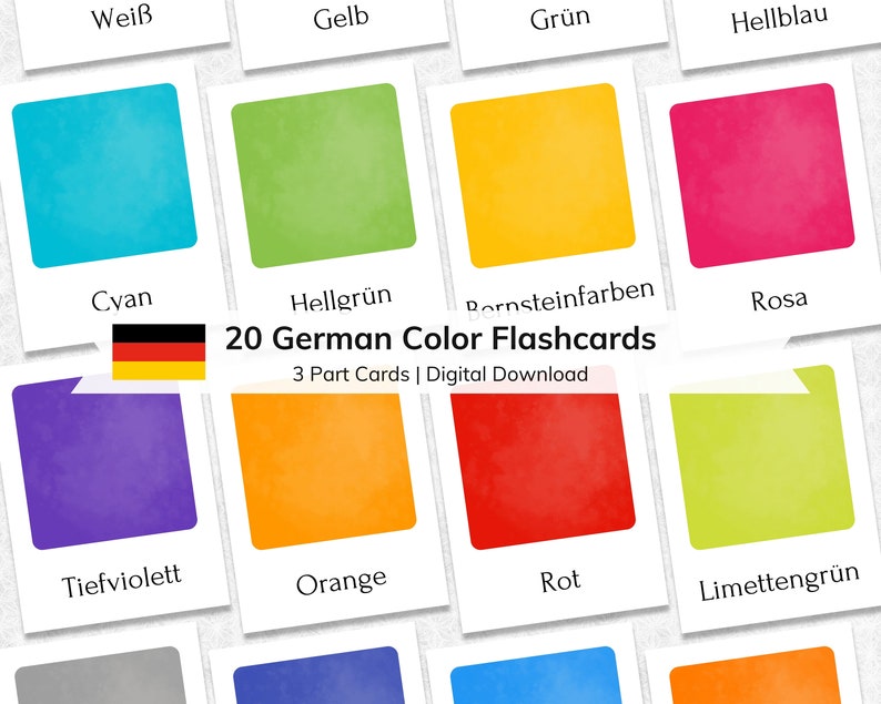 German Color Flashcards for Kids, Printable 3 Part Nomenclature Toddler ...