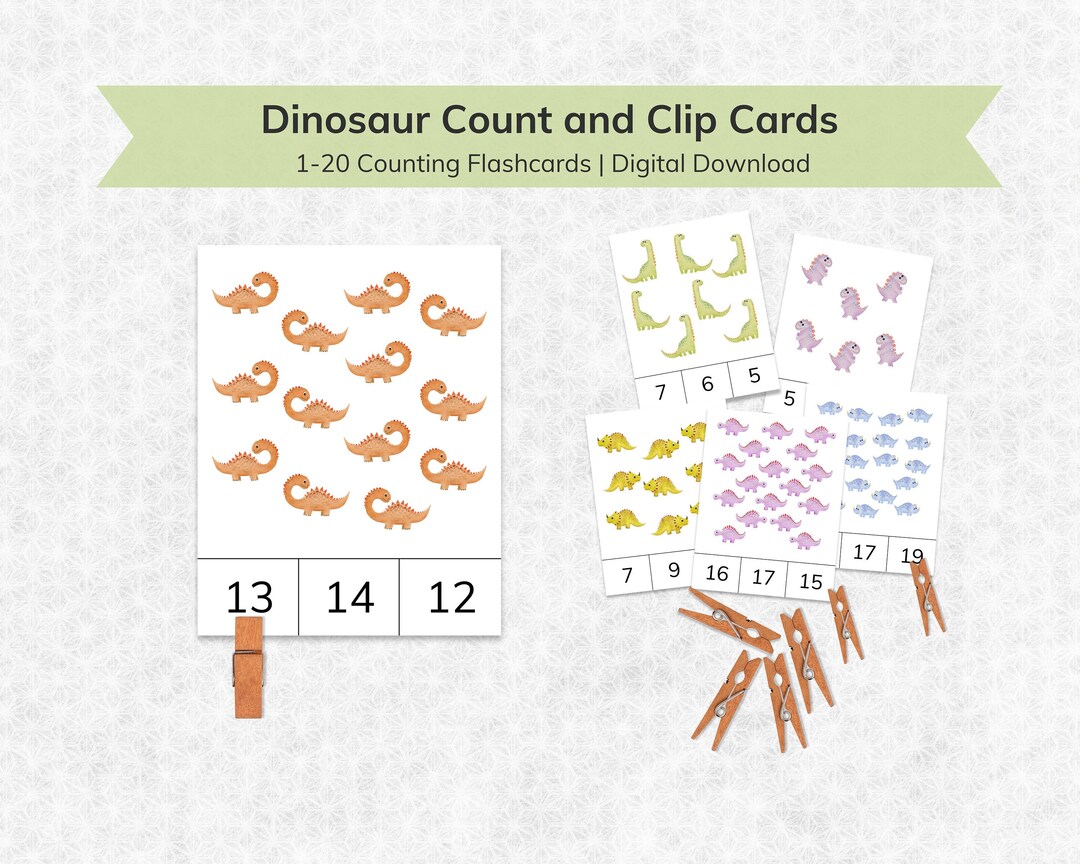Dinosaur Count and Clip Cards, Number 1-20 Count Flashcards for Kids ...