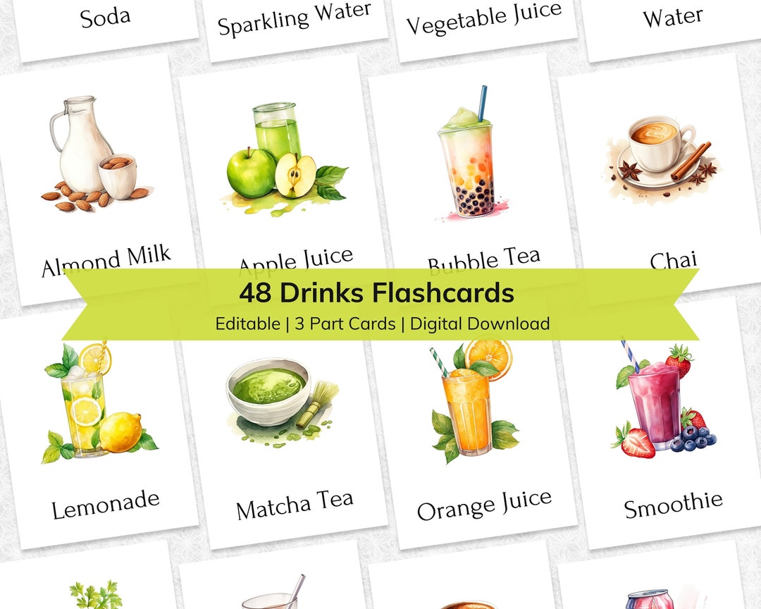 Editable Drink Name Learning Flashcards for Kids, Printable 3 Part ...