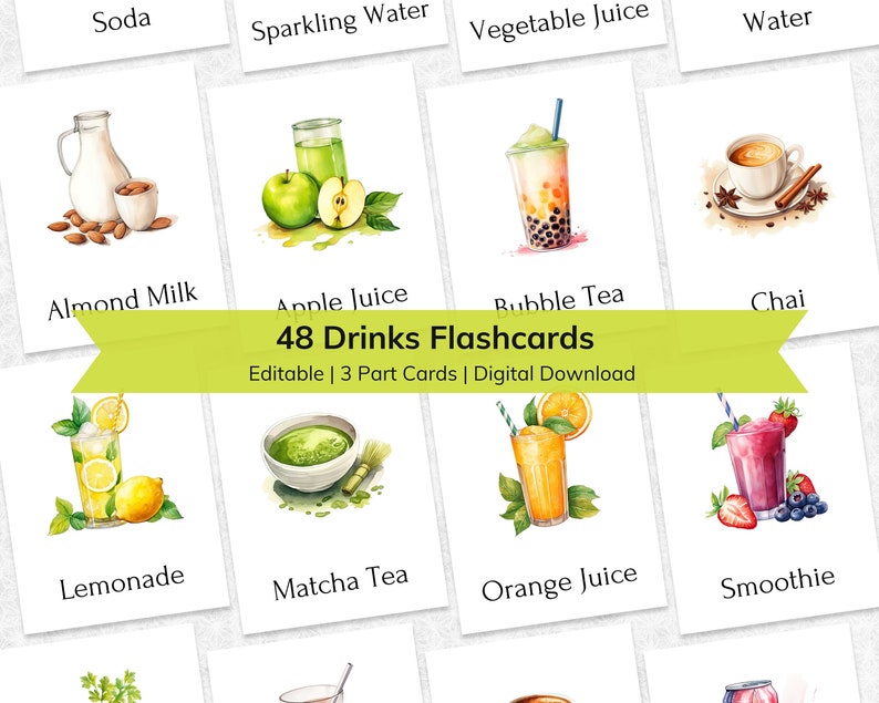 Editable Drink Name Learning Flashcards for Kids, Printable 3 Part ...