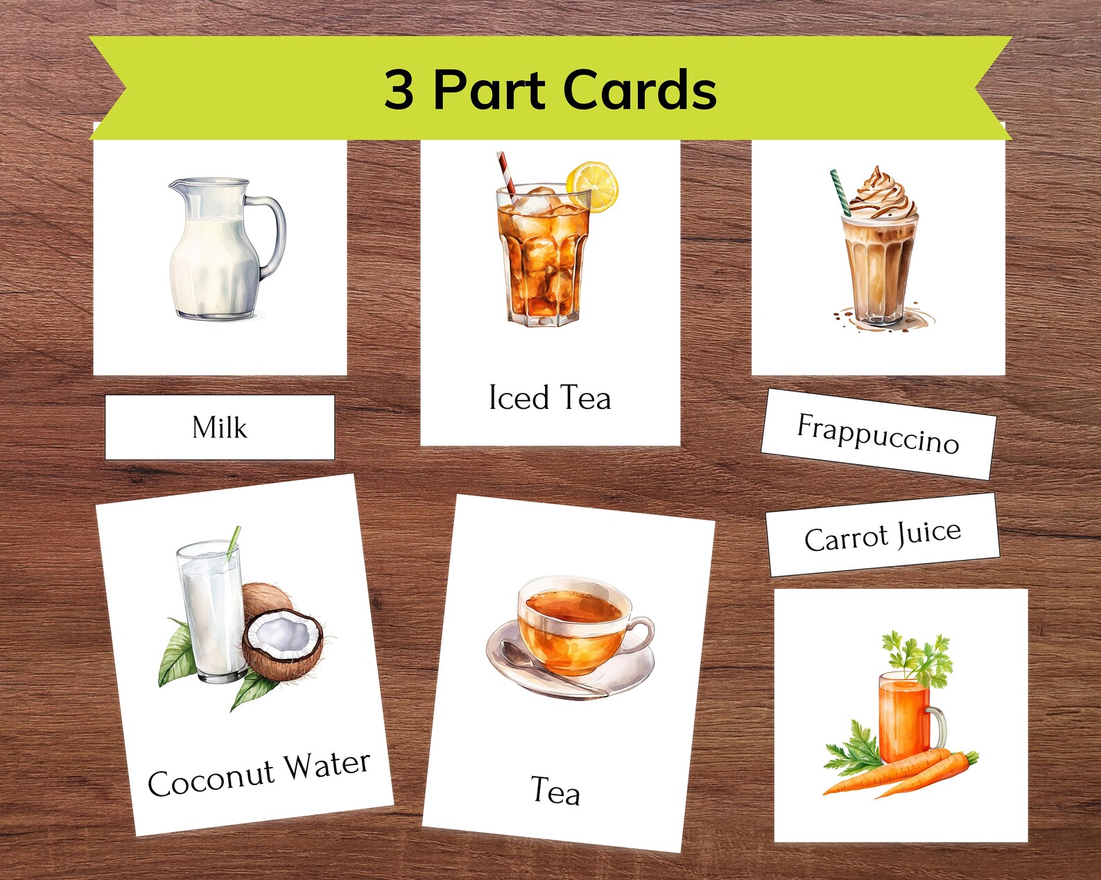 Editable Drink Name Learning Flashcards for Kids, Printable 3 Part ...