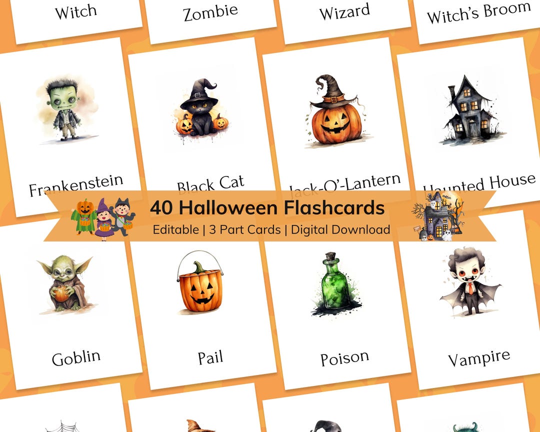 Editable Halloween Flashcards for Kids | Printable 3 Part Nomenclature ...