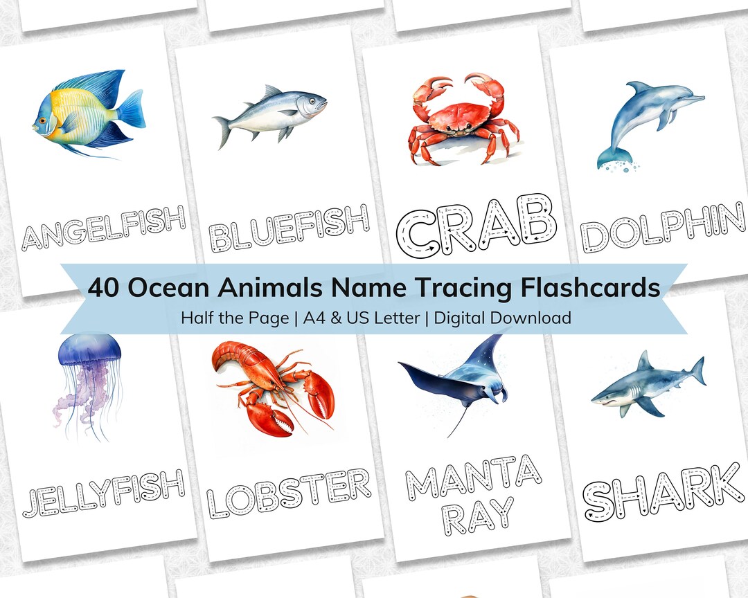 Ocean Animal Name Tracing Flashcards for Kids, Printable Montessori ...
