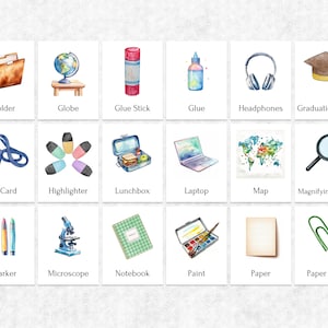 Editable School Supplies Flashcards for Kids, Printable 3 Part ...