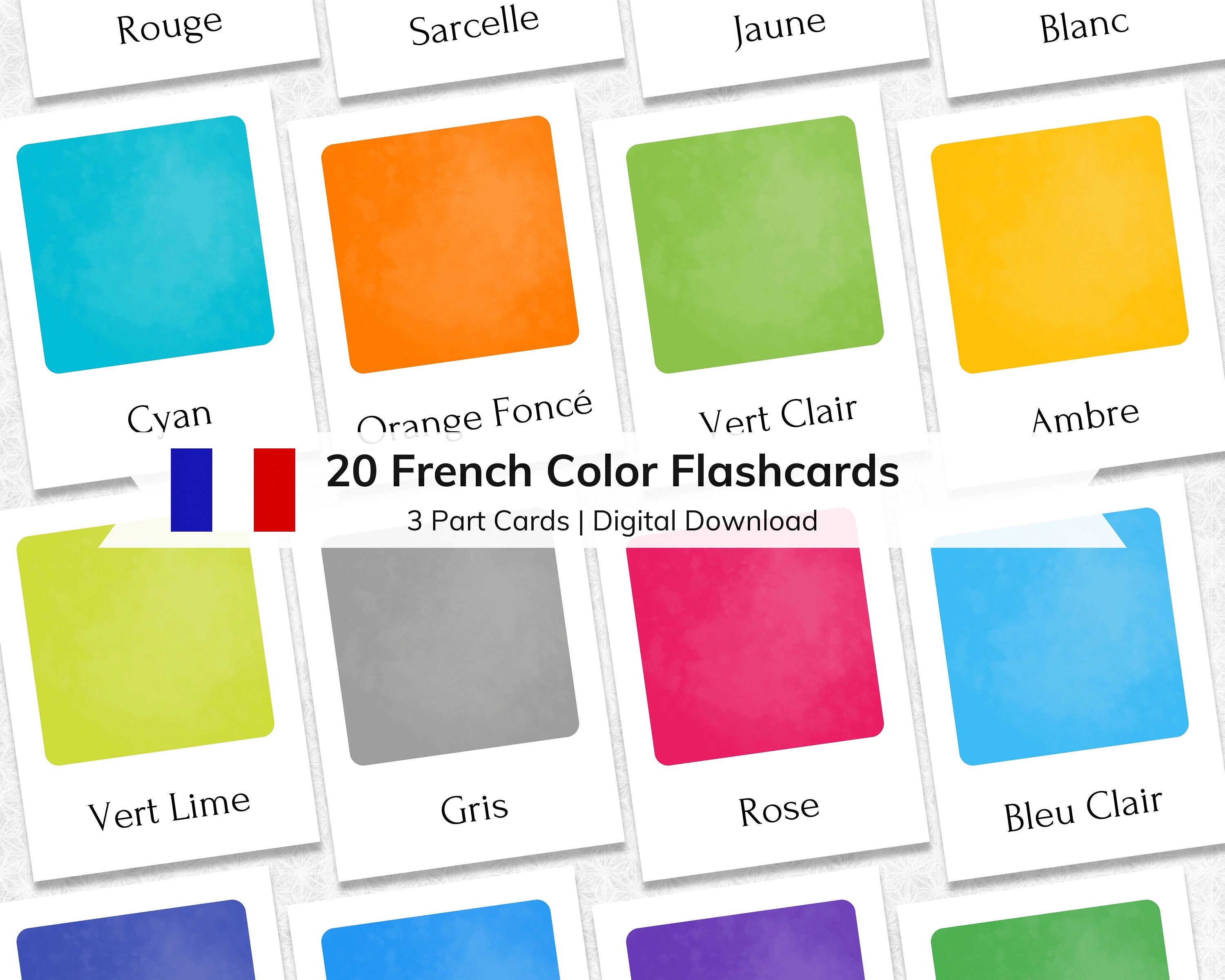 French Color Flashcards for Kids, Printable 3 Part Nomenclature Toddler ...
