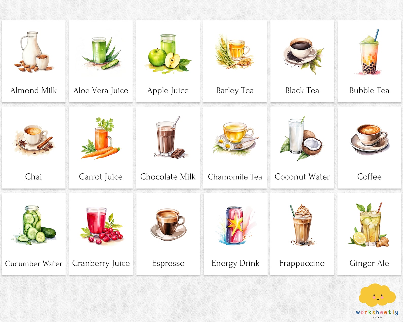 Editable Drink Name Learning Flashcards for Kids, Printable 3 Part ...