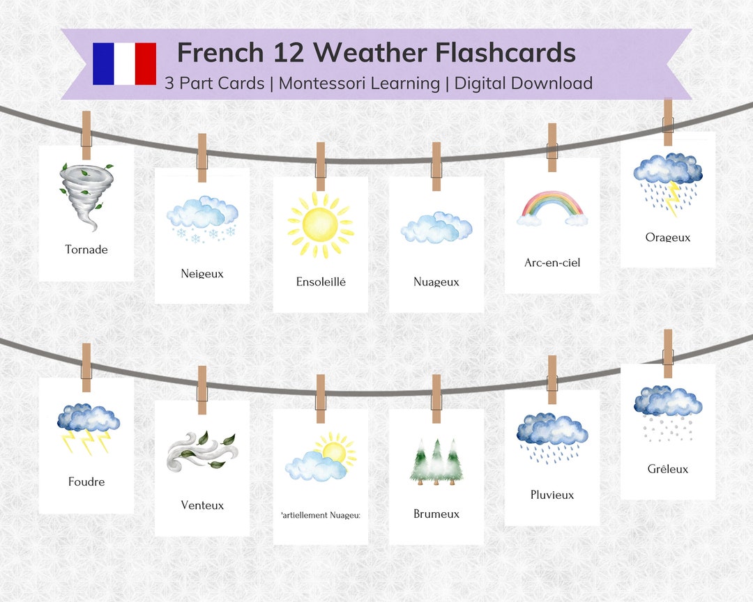 French Weather Flashcards for Kids | Printable Weather Montessori ...