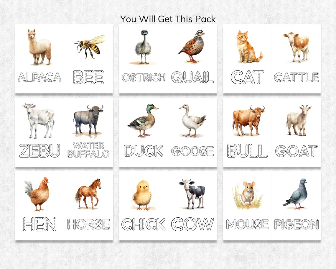 Farm Animal Name Tracing Flashcards for Kids, Printable Montessori ...
