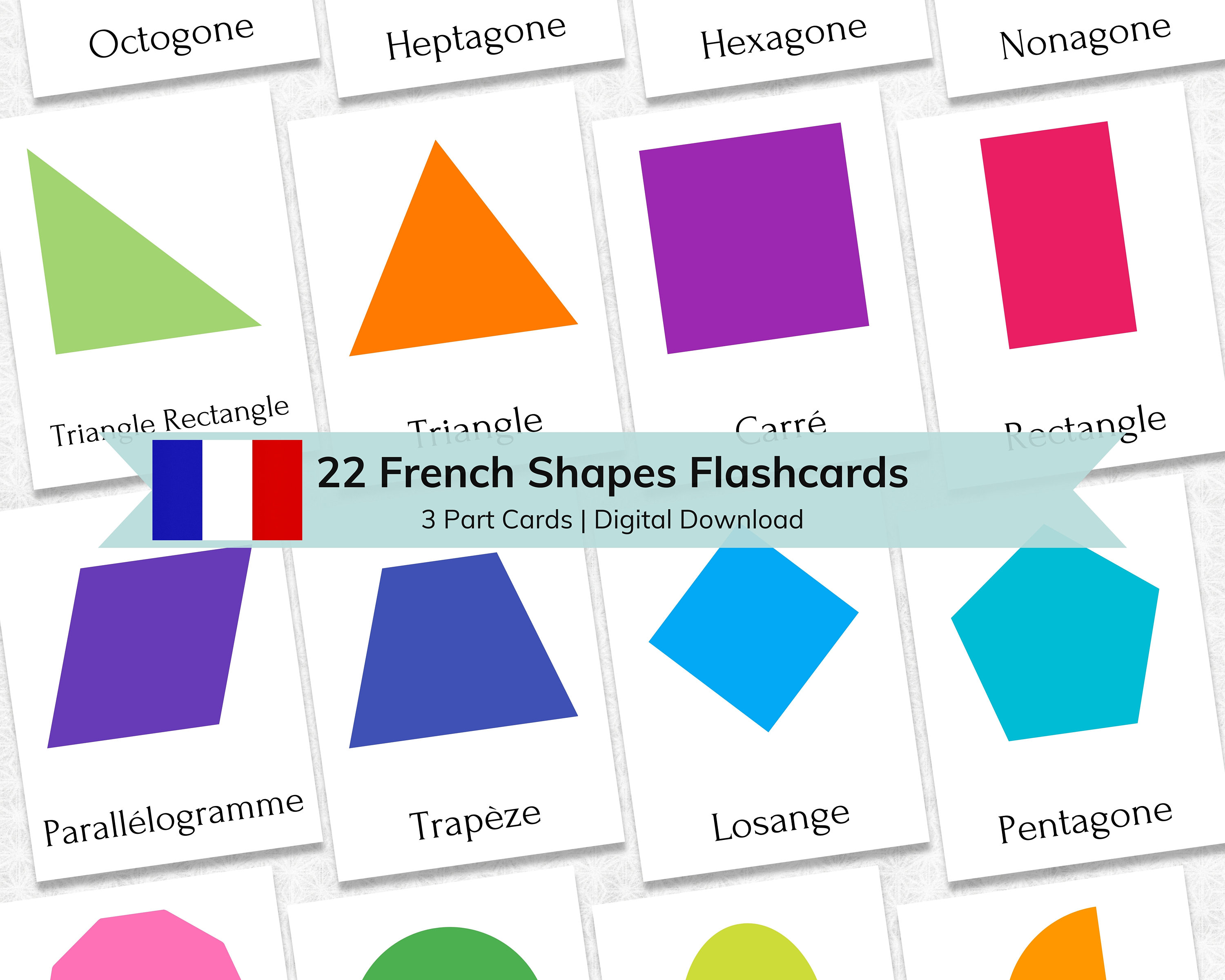 French 22 Shapes Flashcards for Kids 2D Geometric Shapes Educational ...