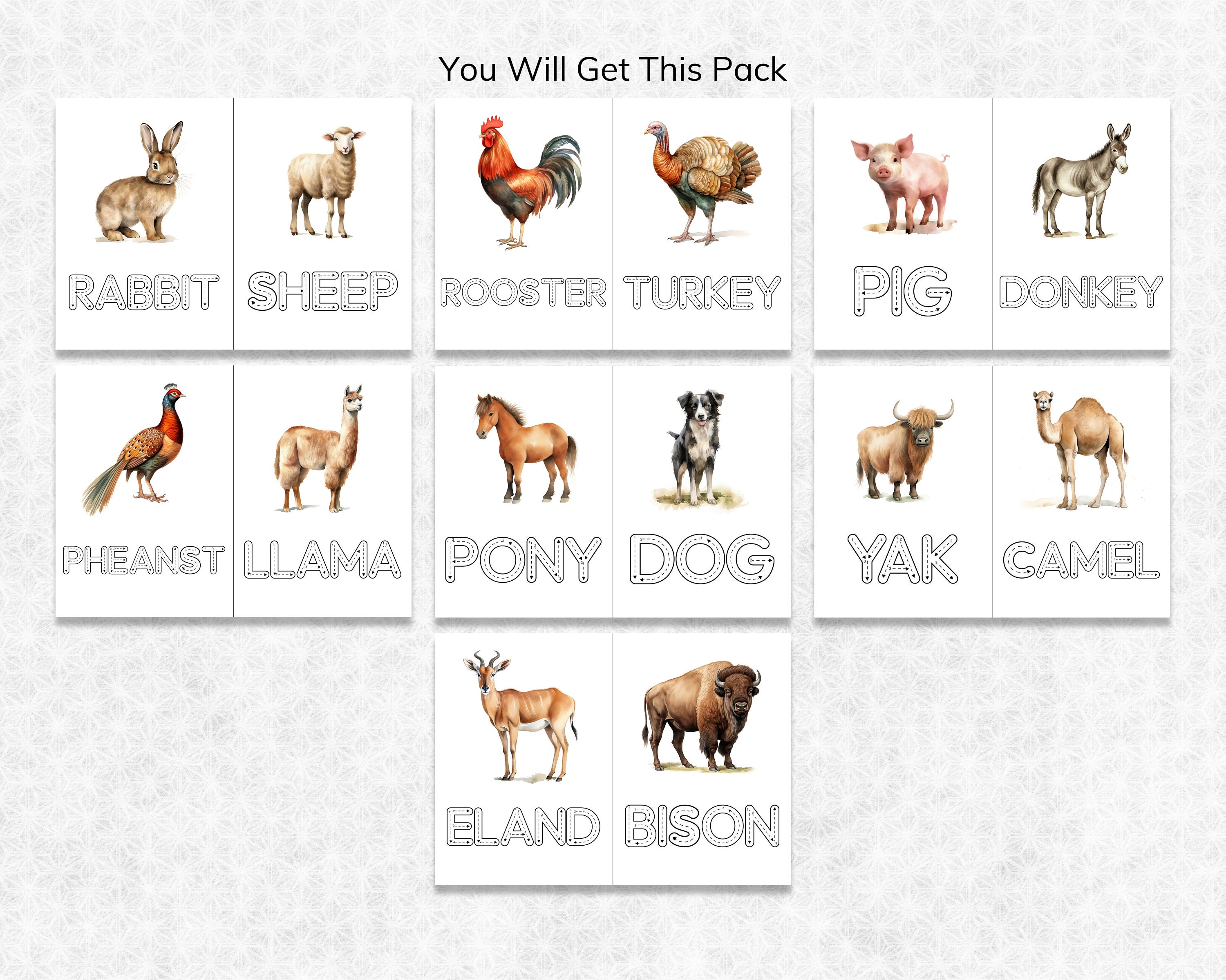 Farm Animal Name Tracing Flashcards for Kids, Printable Montessori ...