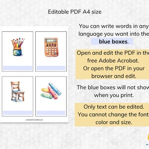 Editable School Supplies Flashcards for Kids, Printable 3 Part ...