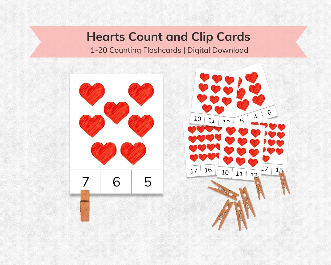 Hearts Count and Clip Cards | Numbers 1-20 Count Flashcards | Preschool ...