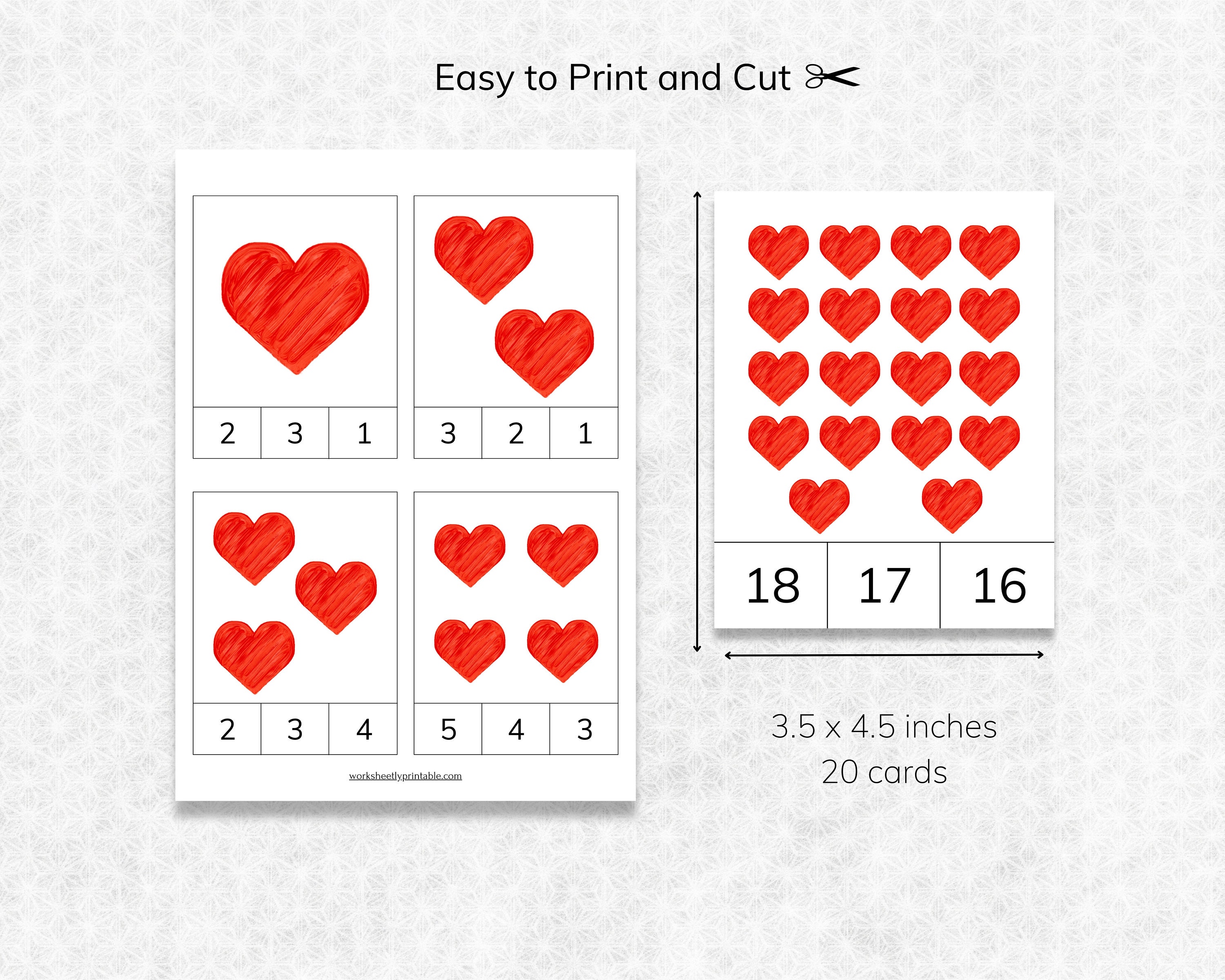 Hearts Count and Clip Cards Numbers 1-20 Count Flashcards Preschool ...
