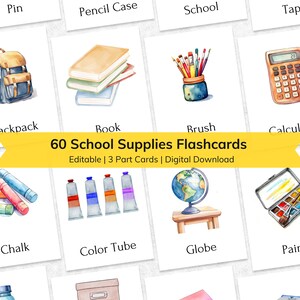 Editable School Supplies Flashcards for Kids, Printable 3 Part ...