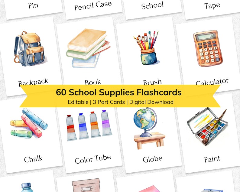 Editable School Supplies Flashcards for Kids, Printable 3 Part ...