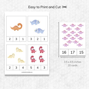 Dinosaur Count and Clip Cards, Number 1-20 Count Flashcards for Kids ...