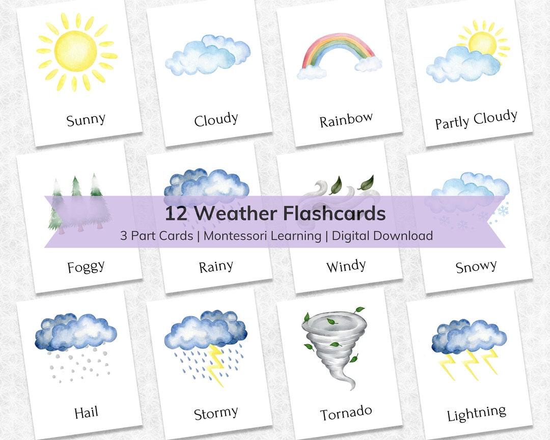 12 Weather Flashcards for Kids, Printable Weather Learning Montessori ...