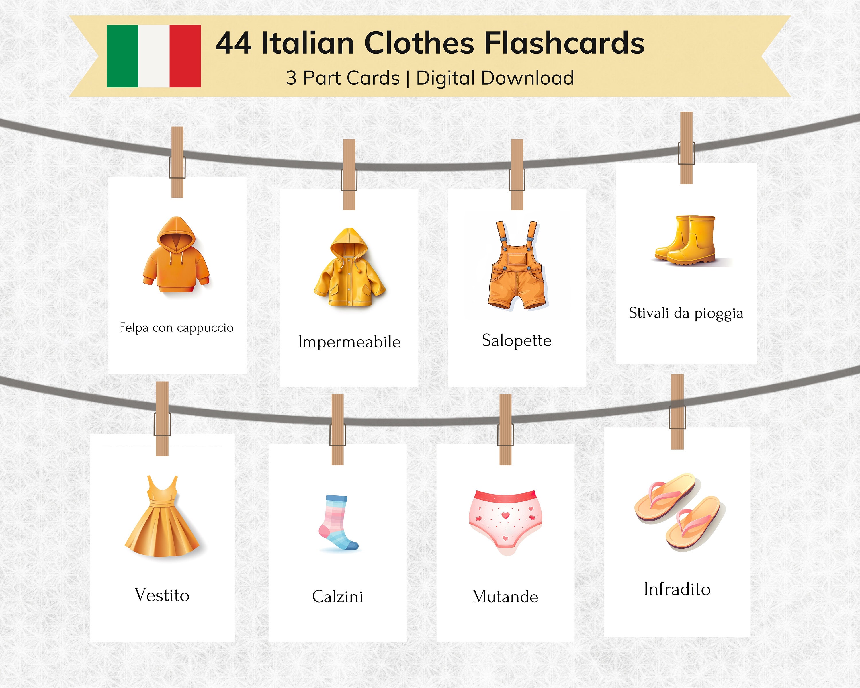 Italian Clothes Flashcards for Kids 3 Part Nomenclature Educational ...