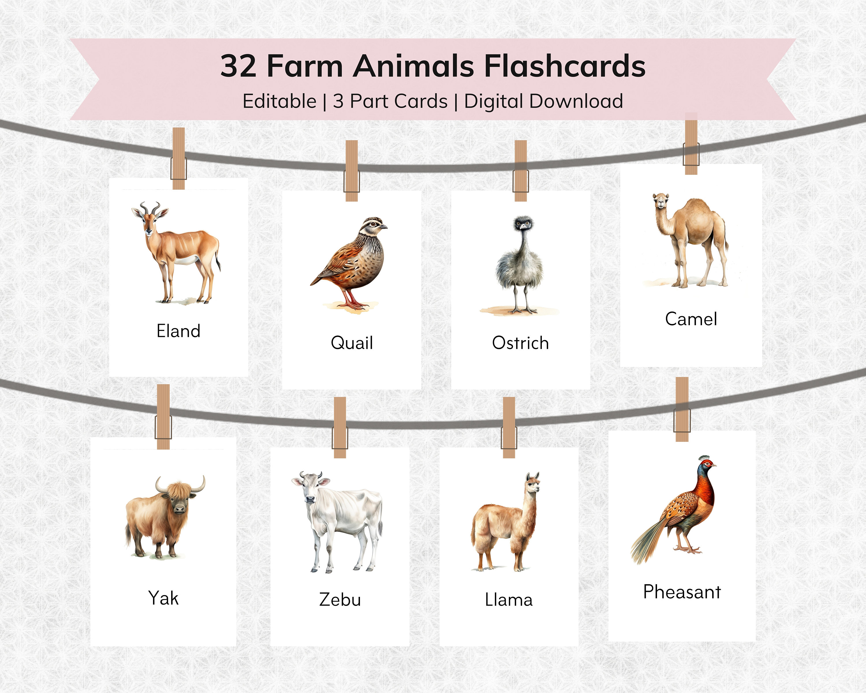 32 Watercolor Farm Animals Flashcards: Montessori Learning Cards ...
