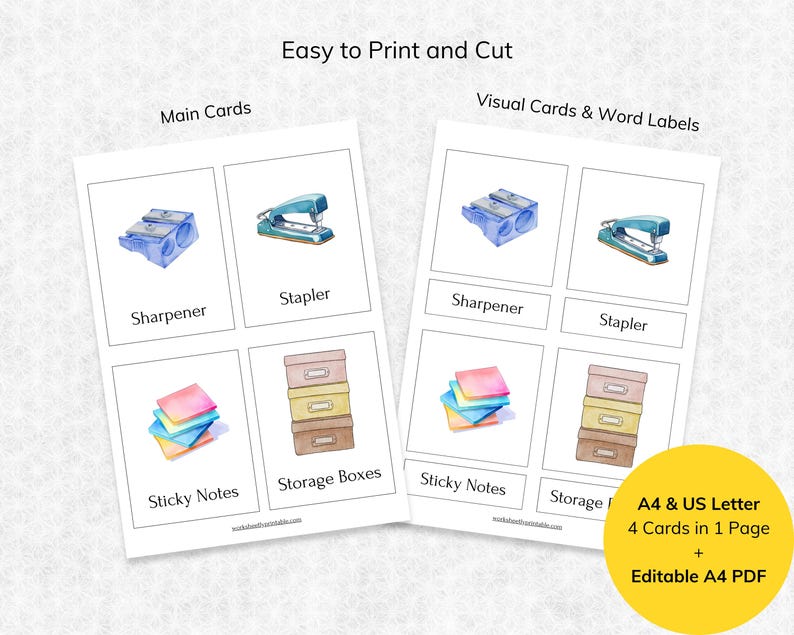Editable School Supplies Flashcards for Kids, Printable 3 Part ...