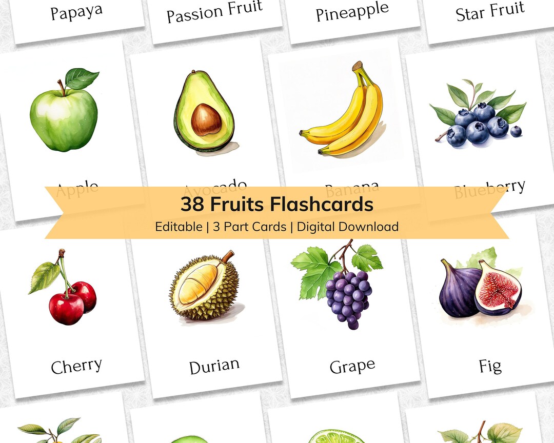 Editable Fruits Flashcards for Kids | Educational 3 Part Nomenclature ...