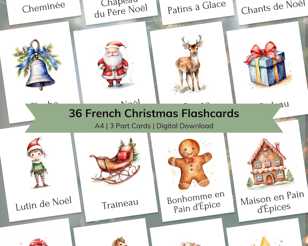 French Christmas Flashcards for Kids, Printable 3 Part Nomenclature ...