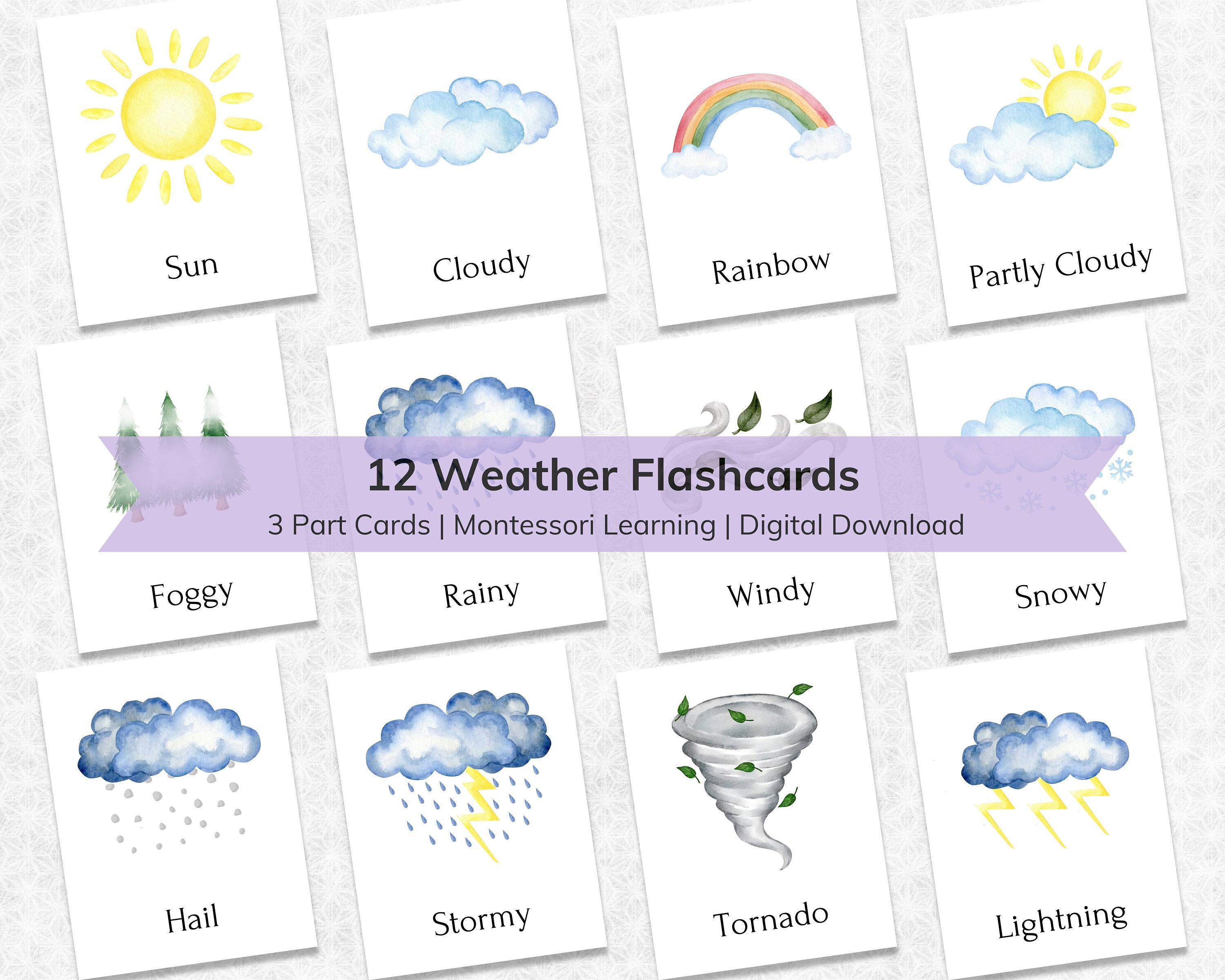 12 Weather Flashcards for Kids, Printable Weather Montessori Flashcards ...