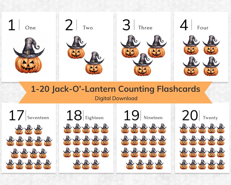Jack-o'-lantern Halloween Theme Counting Flashcards for Kids, Number 1 ...