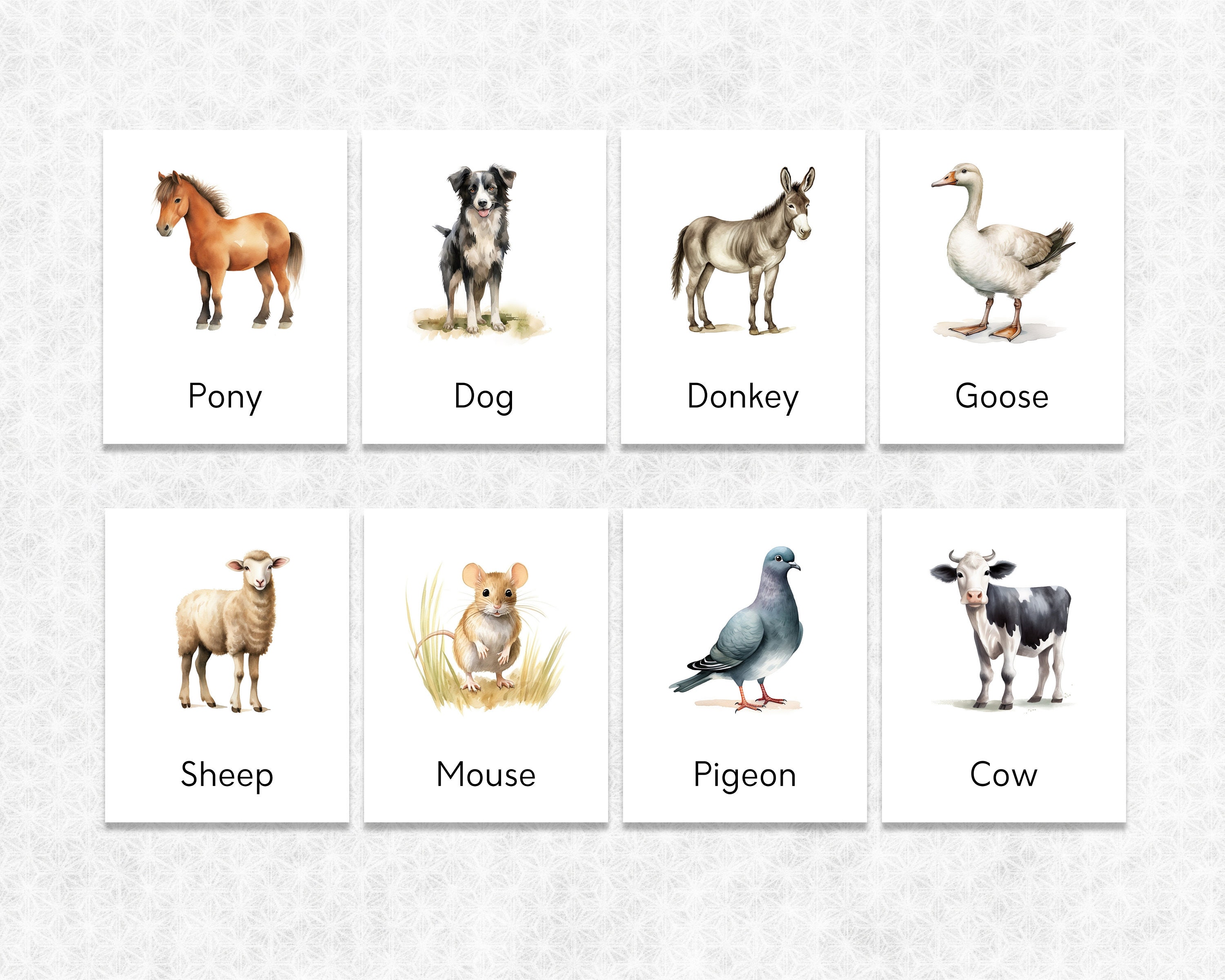 32 Watercolor Farm Animals Flashcards: Montessori Learning Cards ...