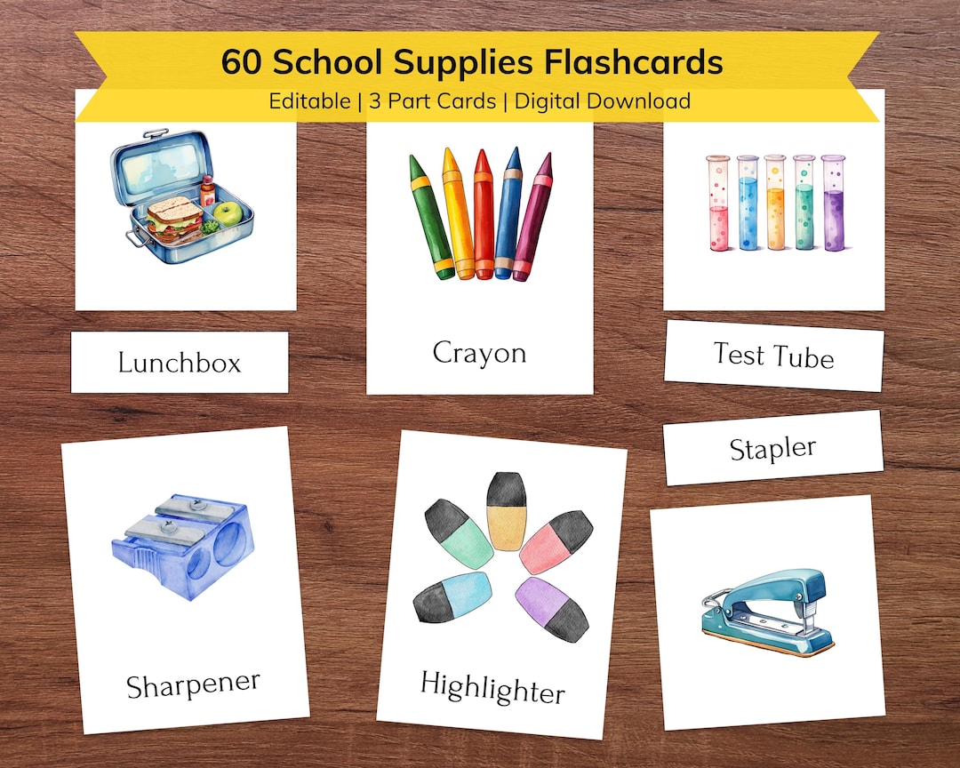 Editable School Supplies Flashcards for Kids, Printable 3 Part ...