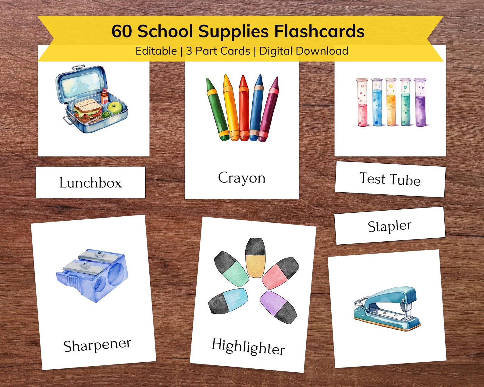 Editable School Supplies Flashcards for Kids, Printable 3 Part ...