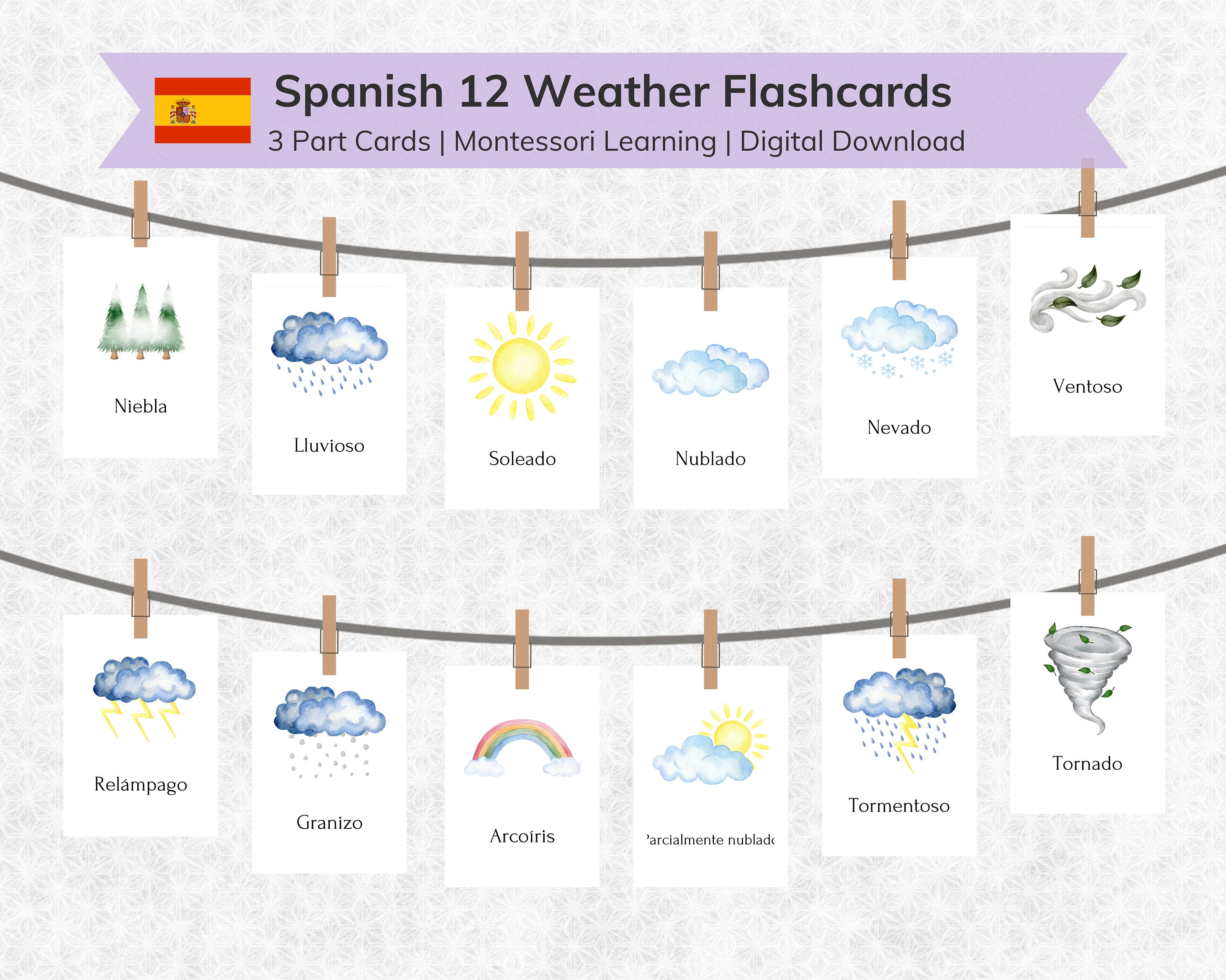 Spanish Weather Flashcards: Montessori Watercolor Cards for Kids ...
