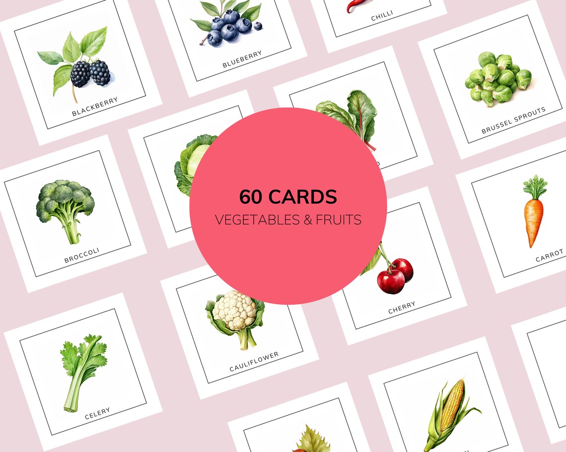 60 Fruits and Vegetables Montessori Flashcards for Kids Pre-school ...