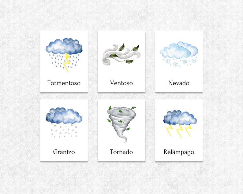 Spanish Weather Flashcards: Montessori Watercolor Cards for Kids ...