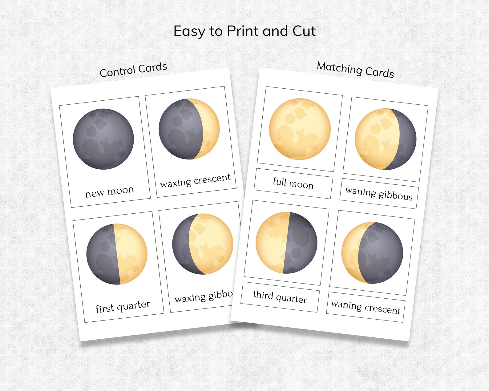 Moon Phases Montessori Flashcards for Kids | Printable 3 Part ...